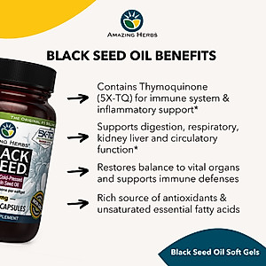 Amazing Herbs Premium Black Seed Oil Capsules - Cold Pressed Nigella Sativa Aids in Digestive Health, Immune Support, Brain Function, Gluten Free, Non GMO - 90 Count, 500mg