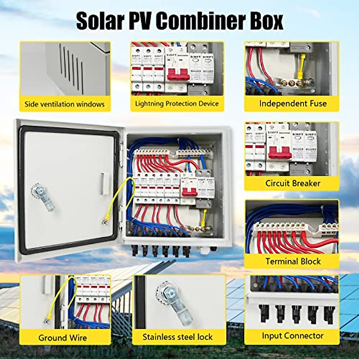 GTYORUS PV Combiner Box - 6 String Solar Combiner Box with Lightning Arrester, 10A Rated Current Fuse with Led Light, 63A Circuit Breaker, for On/Off Grid Solar Panel System