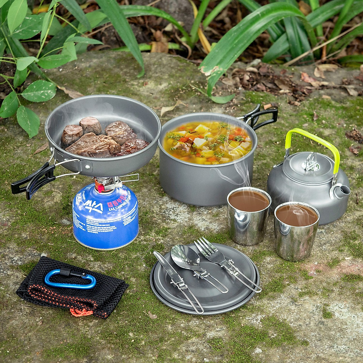 Odoland Camping Cookware Mess Kit, Lightweight Pot Pan Kettle with 2 Cups, Fork Spoon Kit Stainless Steel, gray for Backpacking, Outdoor Camping Hiking and Picnic