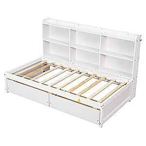 HomSof Twin Bed with Side Bookcase, Drawers,White