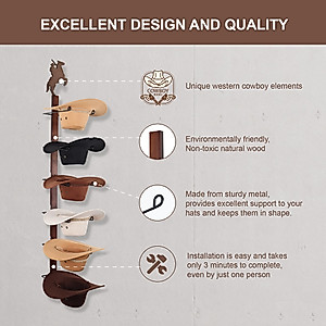 CANWUPON Cowboy Hat Rack Holder for Wall - Wild Western Style Design Hat Organizer with 6 Hat Hooks for Wall Mount, Hat Stand and Hanger for Storage and Organization
