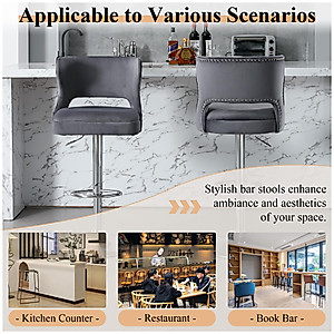 ABET Adjustable Bar Stools Set of 2, Velvet Swivel Counter Barstools with Hollow Back Footrest Soft Upholstered Bar Chairs for Kitchen Island Dining Room Home Bar Bistro, Grey, Chrome Base