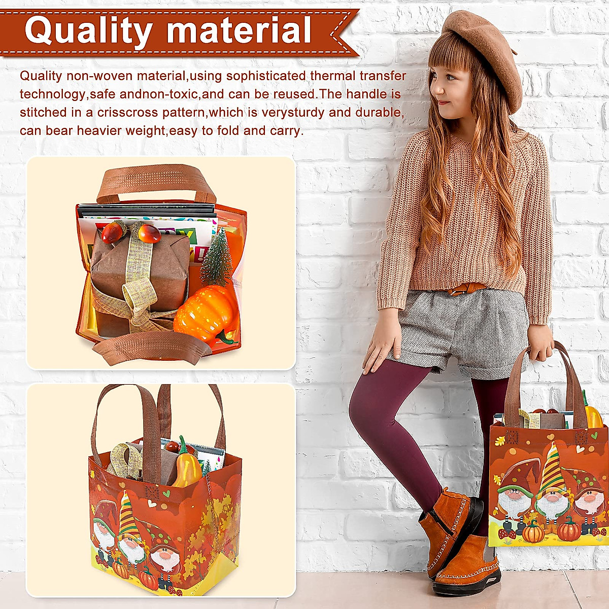 AnyDesign Fall Non-Woven Tote Bags Waterproof Pumpkin Turkey Gnome Party Bags with Handles Reusable Gift Bag Grocery Goodie Shopping Bag Treat Favor Bag for Autumn Thanksgiving Party Supplies, 8 Pack