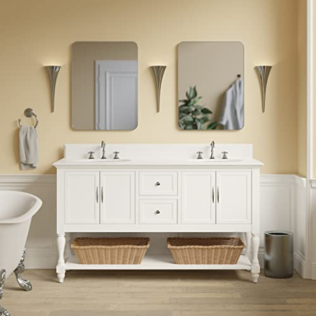 Kitchen Bath Collection Beverly 60-inch Double Bathroom Vanity (White/Quartz): Includes White Cabinet with Stunning Quartz Countertop and White Ceramic Sinks