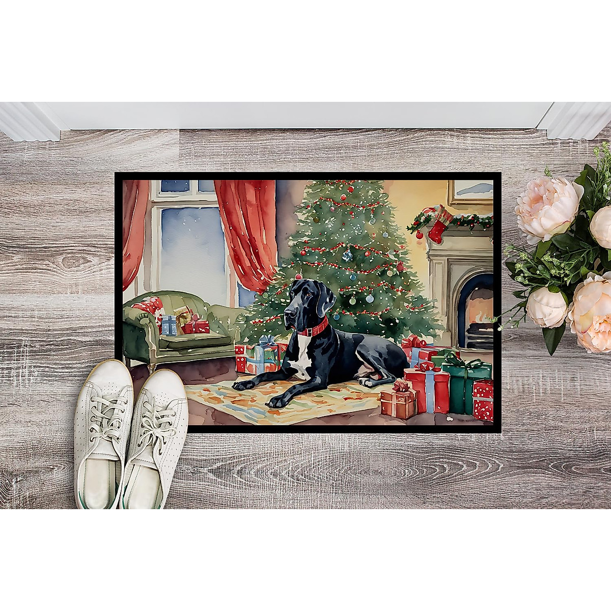 Caroline's Treasures DAC2669MAT Great Dane Cozy Christmas Doormat Front Door Mat Indoor Outdoor Rugs for Entryway, Non Slip Washable Low Pile, 18H X 27W
