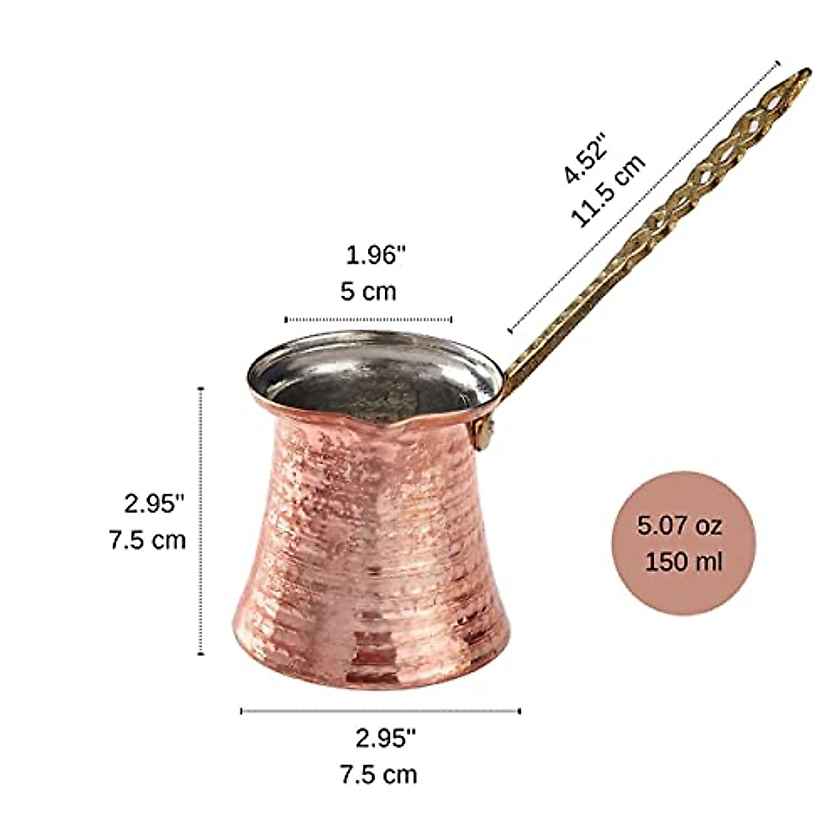 DESTALYA Turkish Coffee Pot, 5.07 fl oz Hammered Copper Coffee Maker with Metal Handle, Stove Top Small Warmer, Cezve (Coffee Pot with Spoon)