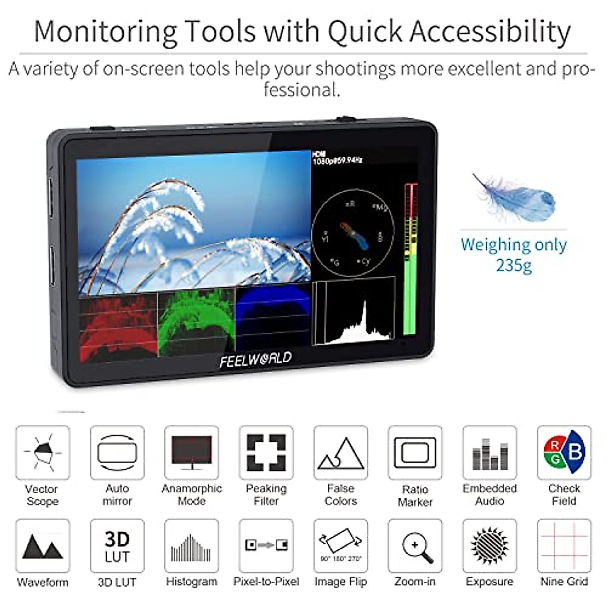 FEELWORLD F6 Plus 6 inch DSLR Camera Field Touch Screen Monitor with HDR 3D Lut Small Full HD 1920x1080 IPS Video Peaking Focus Assist 4K HDMI 8.4V DC Input Output Include Tilt Arm