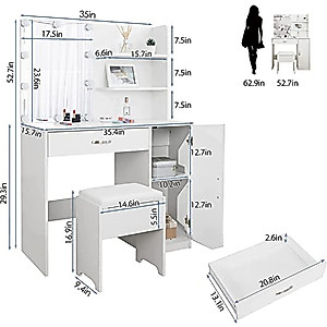 Makeup Vanity with Lights, Vanity Desk with Mirror and Lights Set, Large Drawer and Two-Tier Lots Storage Cabinet Dresser, 3 Lighting Modes Adjustable Brightness, Makeup Table for Bedroom, White