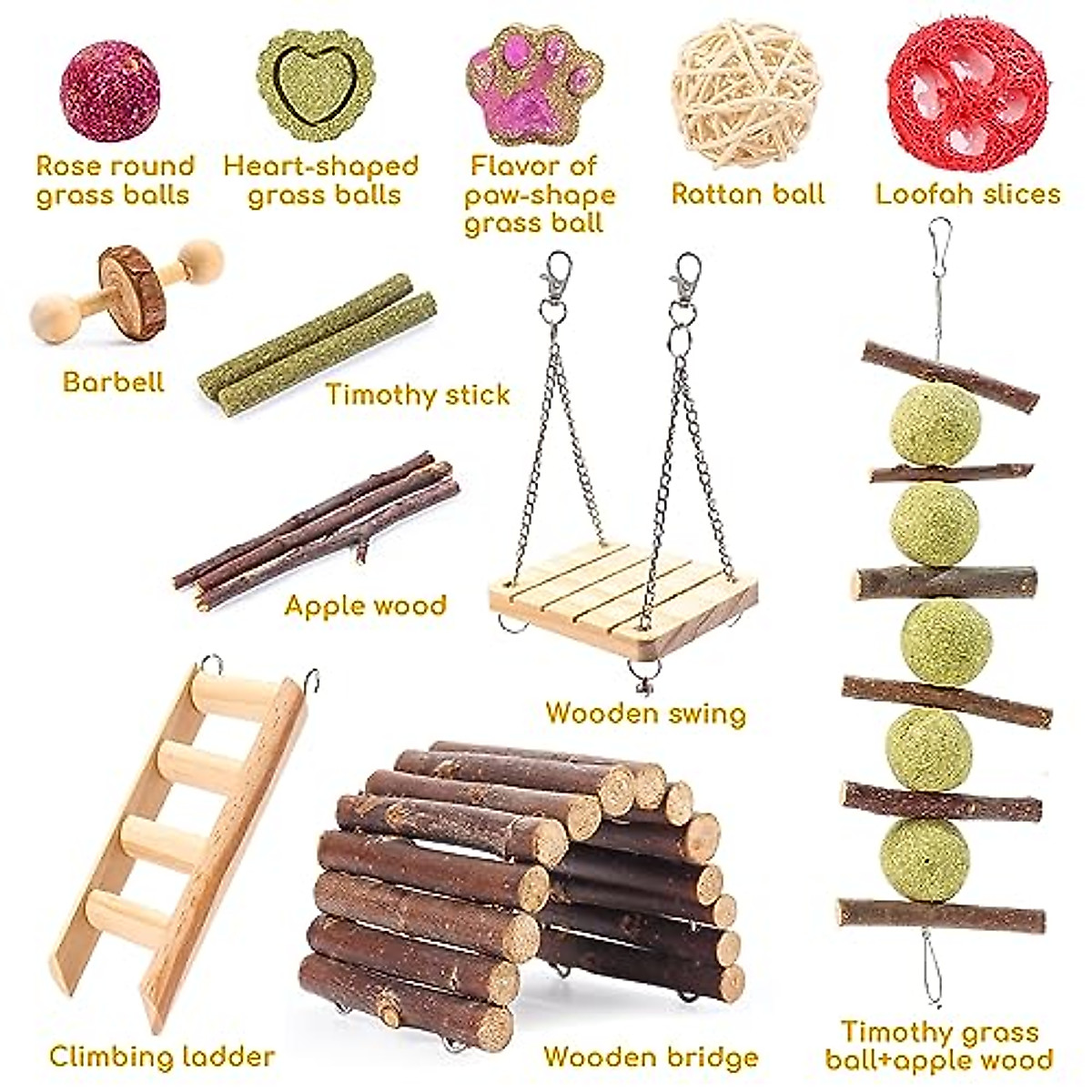 DAMPET Hamster Toys,12 Pack Guinea Pig Chew Toys and Accessories for Hamster Cage,Natural Wooden Guinea Pig Hideout and Timothy Stick Apple Wood for Hamster,Guinea Pig,Rats,Chinchilla,Gerbils,Mice