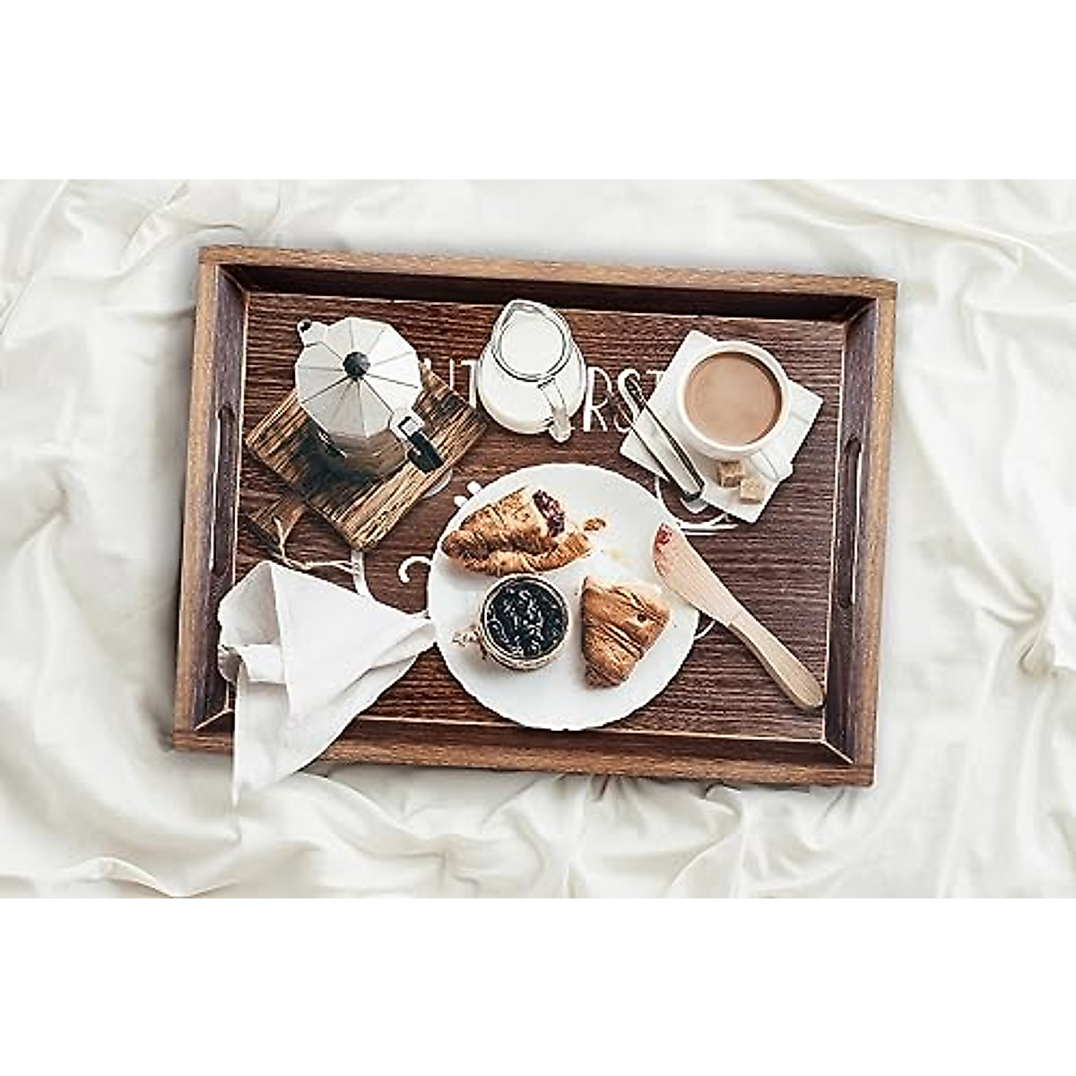 But First Coffee - Rectangle Wooden Coffee Serving Tray with Handles, Funny Rustic Farmhouse Foods Tray Coffee Table Tray Home Kitchen Decorative for Coffee Lovers Gifts