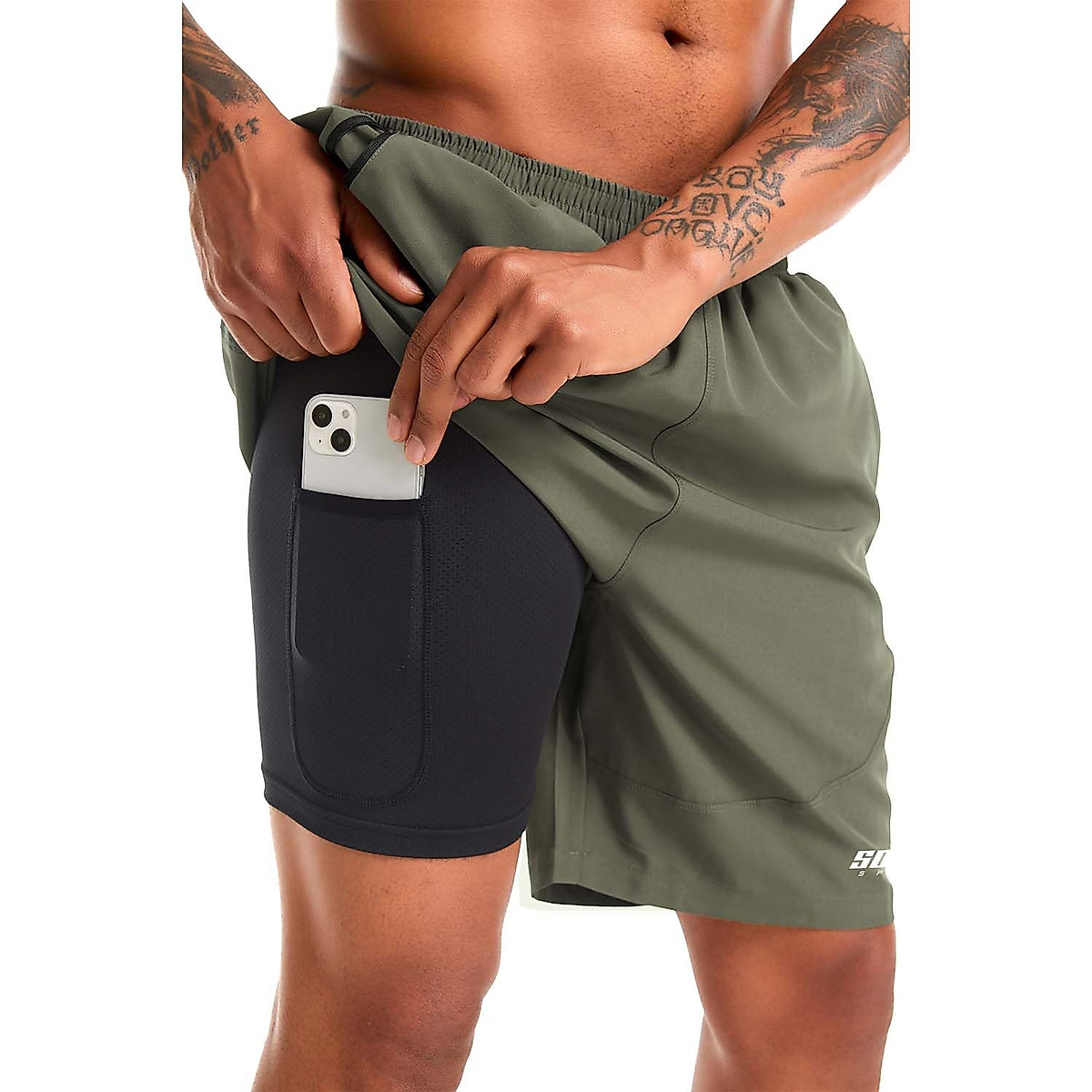 Souke Sports Men's 2 in 1 Workout Running Shorts 7" Quick Dry Gym Athletic Shorts Army Green Liner Zipper Pockets