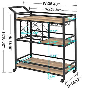 FATORRI Bar Cart for The Home, Industrial Rolling Wine Cart and Liquor Serving Carts on Wheels, Rustic Beverage Cart and Drink Trolley with Wine Rack and Glasses Holder (Rustic Oak)