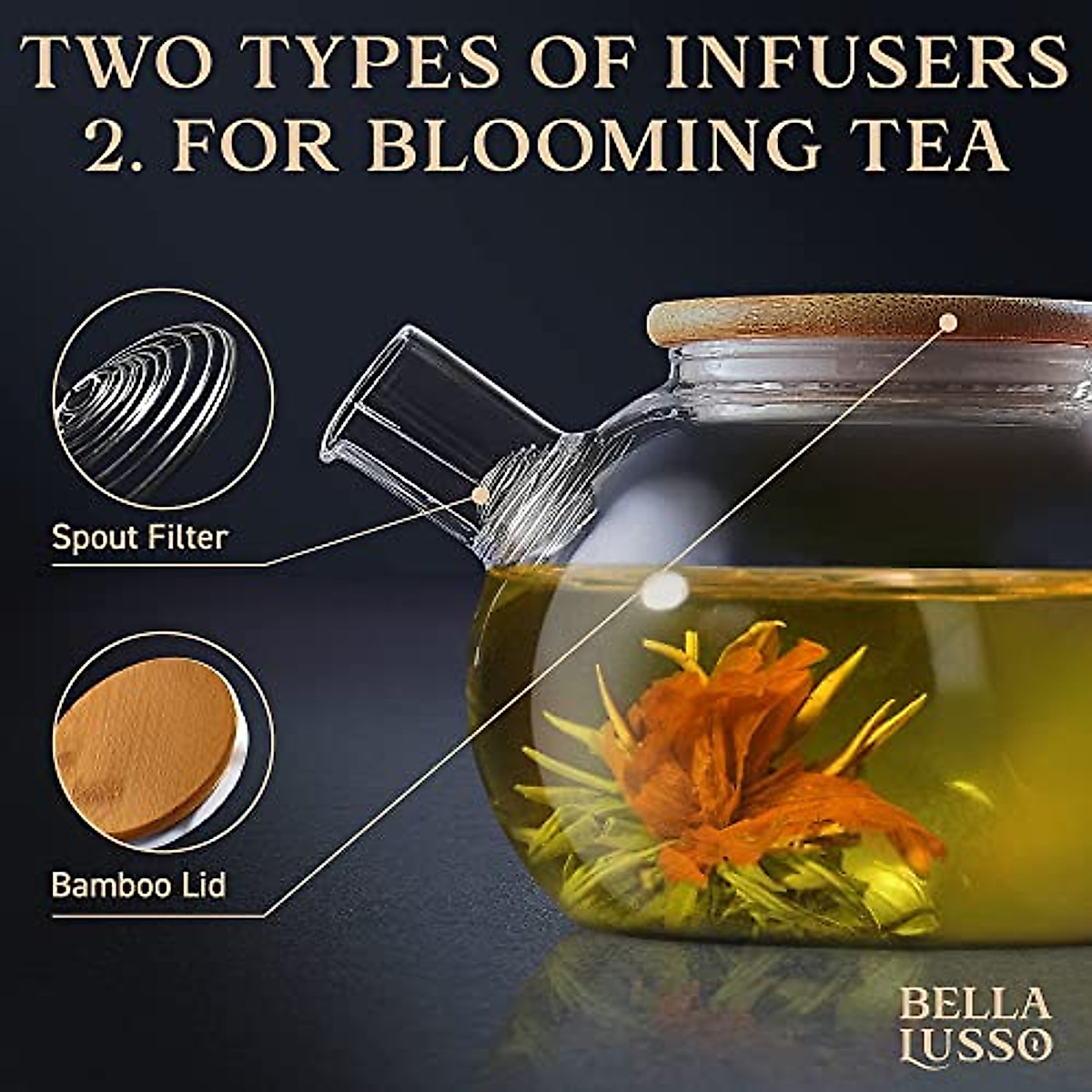 Glass Teapot with Infuser - Kettle for Loose Leaf & Blooming Tea - Stovetop & Microwave Safe Borosilicate Glass - 34oz Clear Pot with Removable Infusion - Premium Tea Maker with Gift Box & Bamboo Lid…
