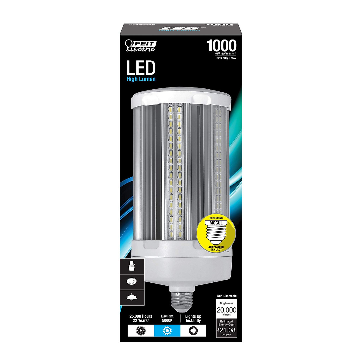 Feit Electric C20000/5K/LED 1000 Watt Equivalent 175W Corn Cob High 20,000 Lumen LED Light Bulb, 13.4"H x 5.3"D, Daylight 5000K
