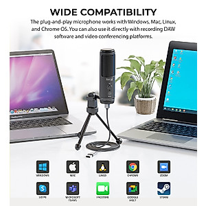 Blucoil USB Cardioid Condenser Microphone with 3.5mm Headphone Jack, Volume Control, Mute Button, and Tripod - Compatible with Mac, Windows, Linux, Chrome, Zoom, Google Meet, Microsoft Teams, and more