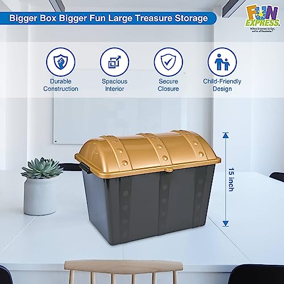 Fun Express Large Kids Treasure Chest Box - Fun Plastic Storage Bin for Toys, Rewards and Stuffed Animals Multi-Purpose Kids Treasure Box and Ultimate Toy Organizer