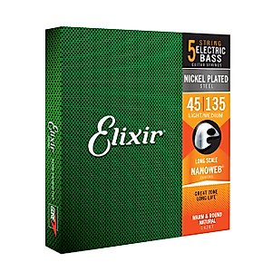 Elixir Strings Nickel Plated Steel 5-String Bass Strings w NANOWEB Coating, Long Scale, Light/Medium (.045-.135)