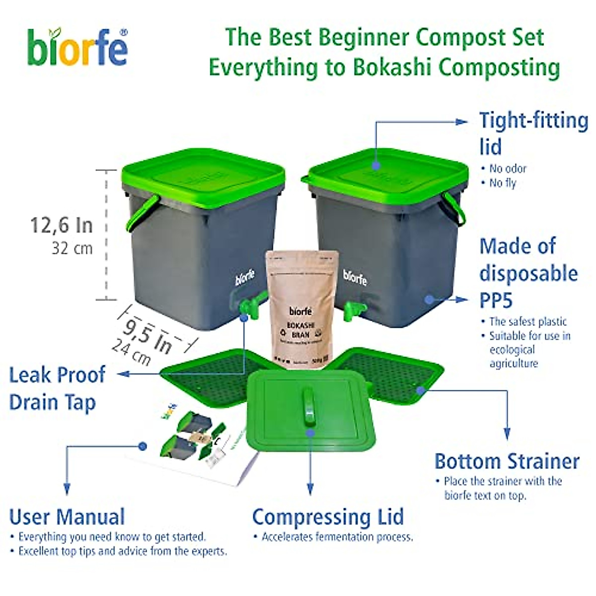 Biorfe 2 Bucket Bokashi Compost Starter Kit, All Season Indoor Beginners Composter, Countertop Kitchen Bokashi Bin, Composting Container with 6.6 lb Compost Bran, Food Recycler for Living Indoor