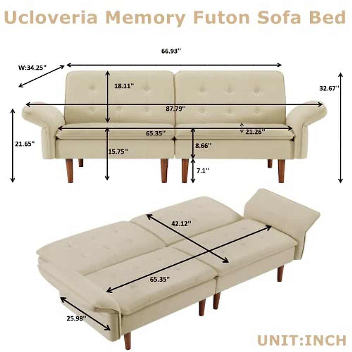 Ucloveria Futon Sofa Bed, Linen Fabric Memory Foam Sleeper Sofa Couch, Modern Convertible Loveseat for Compact Living Spaces, Studio, Apartment, Dorm, Guest Room, Home Office, 67" Beige