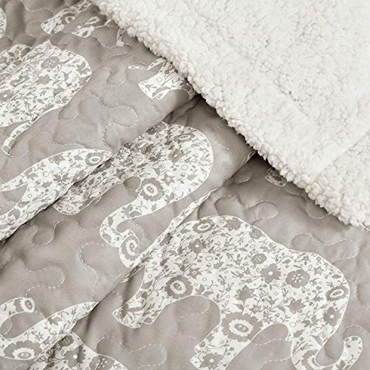 Lush Decor Elephant Parade Throw Fuzzy Reversible Sherpa Blanket, 60” x 50”, Gray