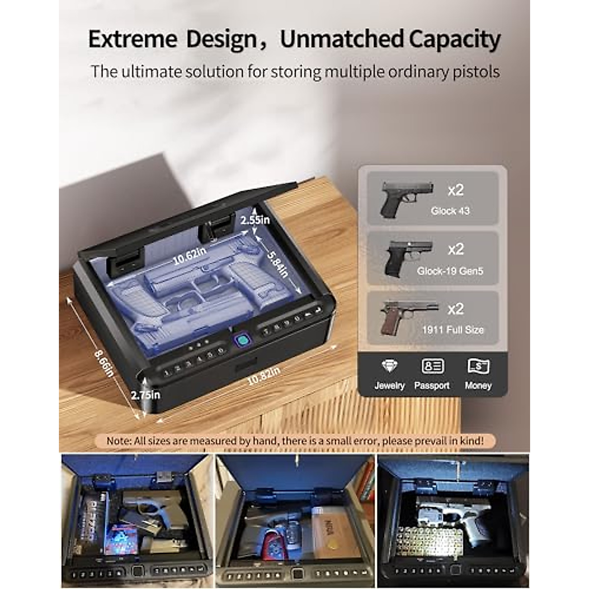 BILLCONCH Gun Safe for Pistols - Biometric Gun Safe 4 Ways Quick Access with Fingerprint/Full-digital Keypad/Key/APP Lock Handgun Safe for Nightstand Bedside Home