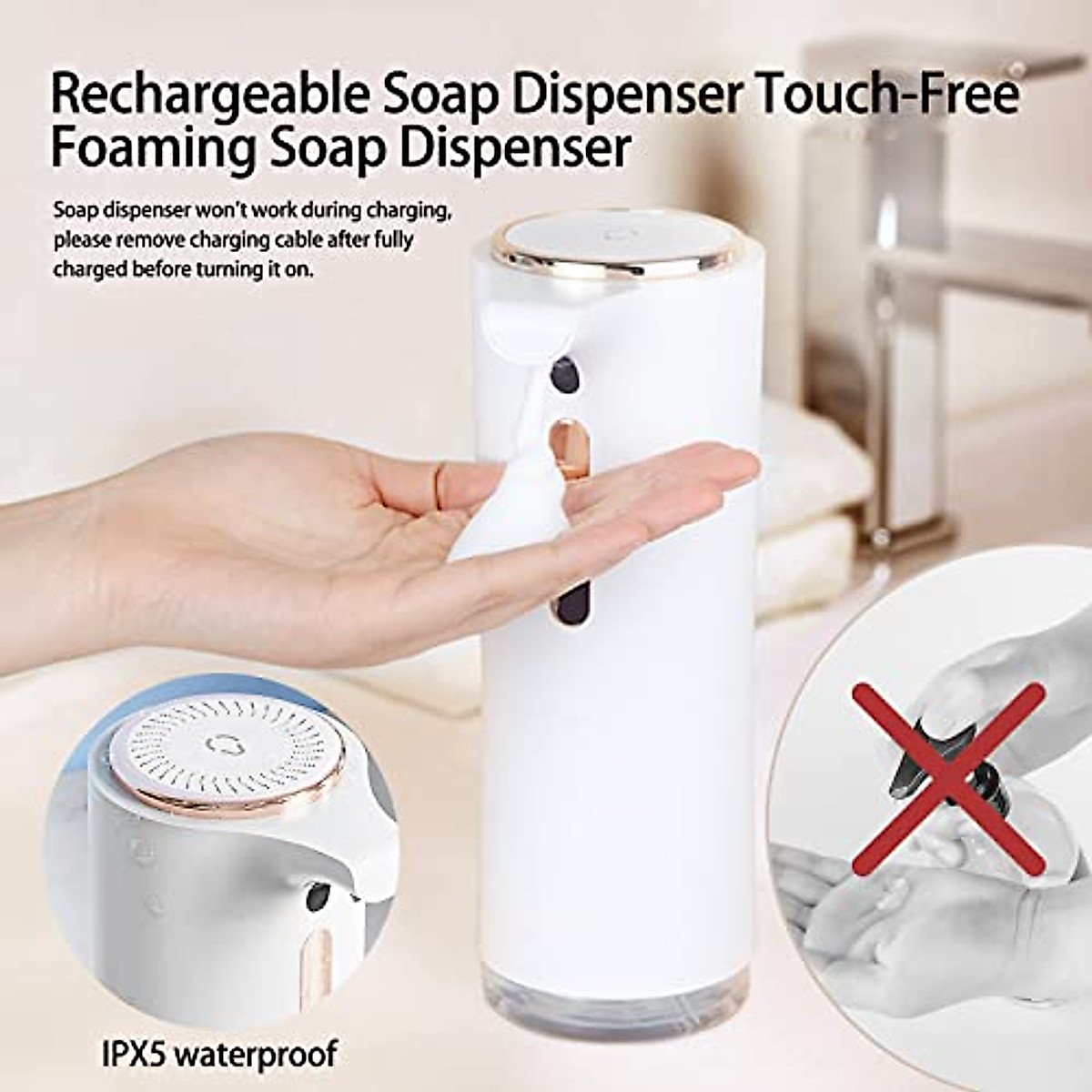 Automatic 10oz/300ml Rechargeable Touchless Sensor Foaming Pump Hands Free 3 Level Adjustable Hand Soap Dispenser for Bathroom Kitchen