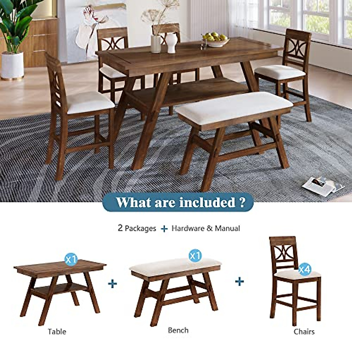 Merax 6-Piece Rustic Style Wood Counter Height Dining Table Set with Storage Shelf, Bench and 4 Chairs, Walnut+Beige