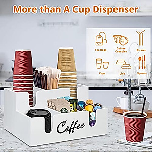 Disposable Coffee Cup Dispenser Lid Holder for Counter, Wood 6 Compartments Coffee Station Organizer for Cup Lid Sleeve Pods Condiment, Paper Cup Dispenser Coffee Bar Accessories Storage Organizer