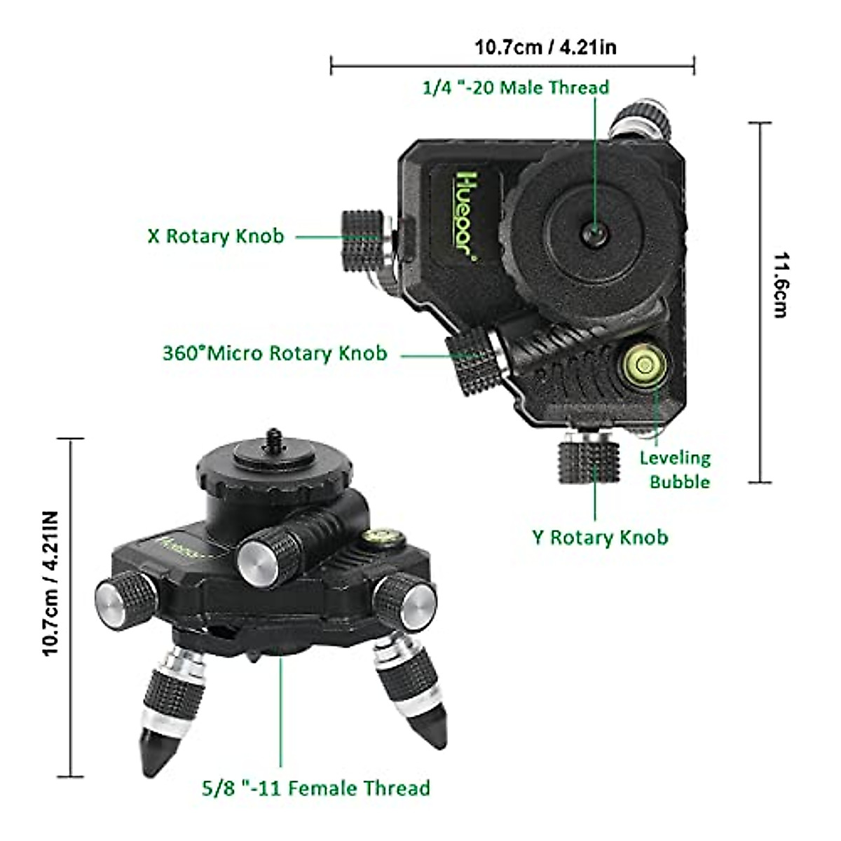 Huepar Laser Level Adapter, Metal 360-Degree Rotating Base for Laser Level Tripod Connector, 1/4’’ Threaded Mount and Horizontal Bubble, Micro-adjust Fine Turning Pivoting Base AT2
