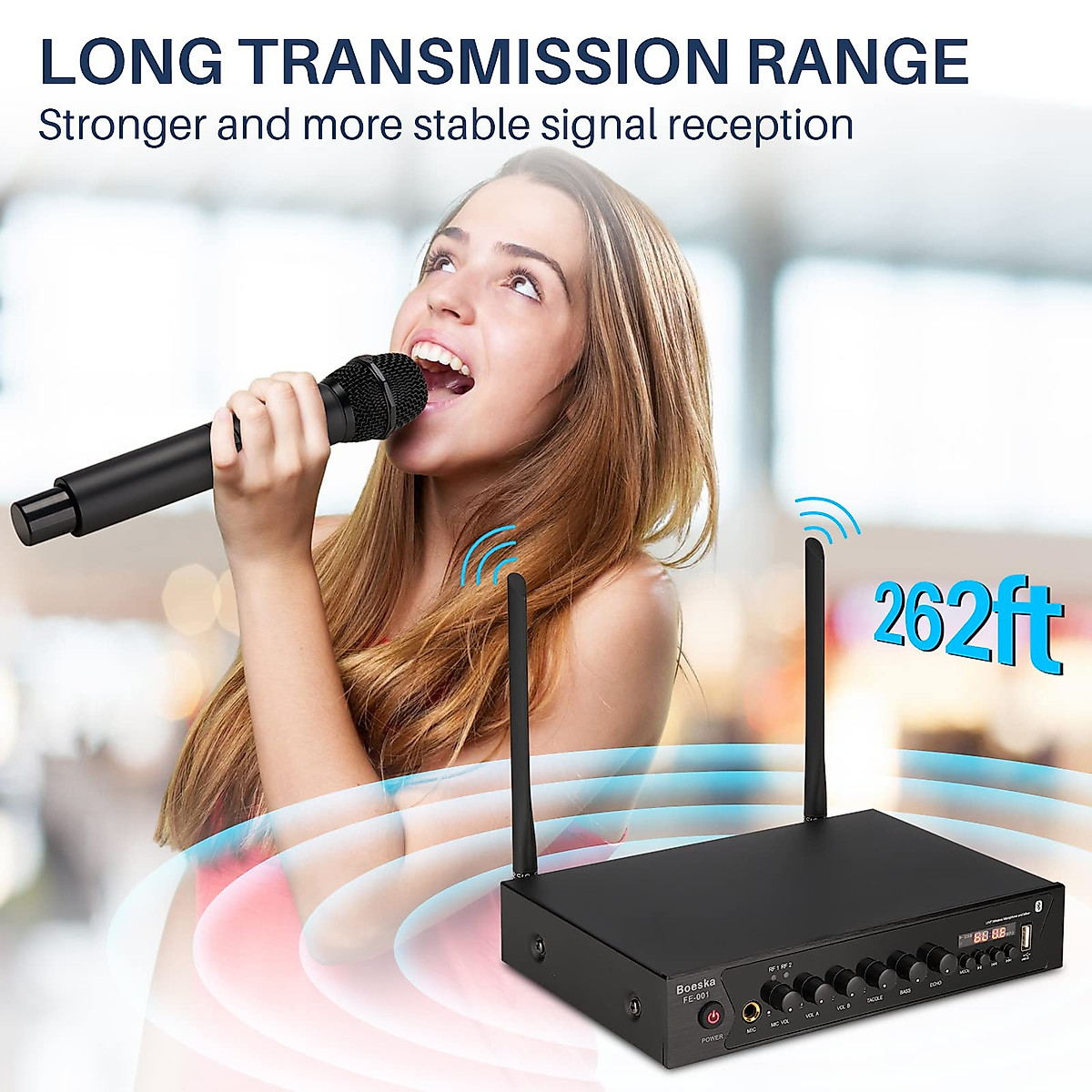 Wireless Microphone System UHF Dual Cordless Handheld Microphones Set for Home Karaoke, Singing, Speech, Party, Meeting, Church, 262ft Range (Black (w Battery))