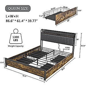 Alohappy Queen Bed Frame with Drawers and RGB Led Lights, Storage Headboard with Charging Station, Metal Platform Bed Frame with Strong Steel Slats Support Easy Assembly No Squeak
