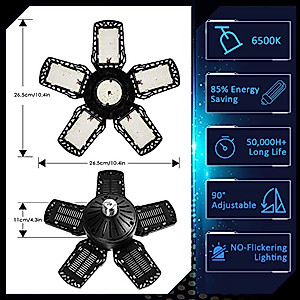 FBIRUNYI 2 Pack LED Garage Lights, 150W 15000LM 6500K Deformable LED Garage Ceiling Light Shop Lights with 5+1 Multi-Position Panels for Garage Workshop Basement Support E26/E27 Screw Socket