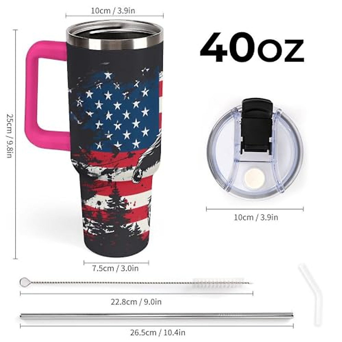 Bigfoot And American Flag Insulated Tumbler with Lid And Straw Stainless Steel Travel Coffee Mug 40oz Light Rose Red-style