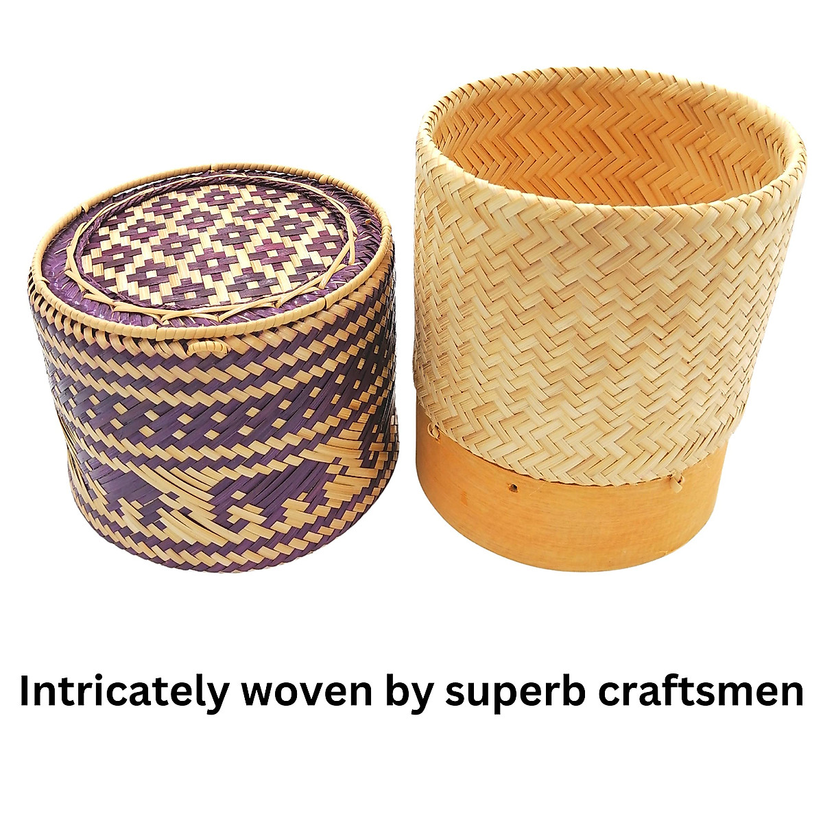 Bamboo Sticky Rice Serving Basket 5x6 Inch, Kratip, Intricately Woven Container, Round Shaped, Elephant Weave Pattern, Thailand Handmade, Dyed with Natural Based (Purple)