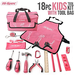 Hi-Spec 18pc Pink Kids Tool Kit Set & Child Size Tool Bag. Real Metal Hand Tools for DIY Building, Woodwork & Construction