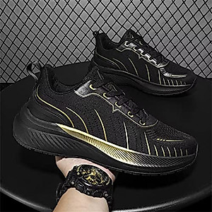 GSLMOLN Running Shoes for Women Non Slip Sneakers Comfortable Walking Shoes Lightweight Breathable Gym Workout Athletic Fashion Casual Black-Gold Size 7