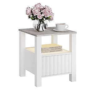 WAMPAT White End Table for Living Room, Nightstand for Bedroom with Storage Cabinet & Open Shelf, Wood Night Stand with Faux Marble Tabletop & LED Light, Side Tables for Small Spaces, White/Grey