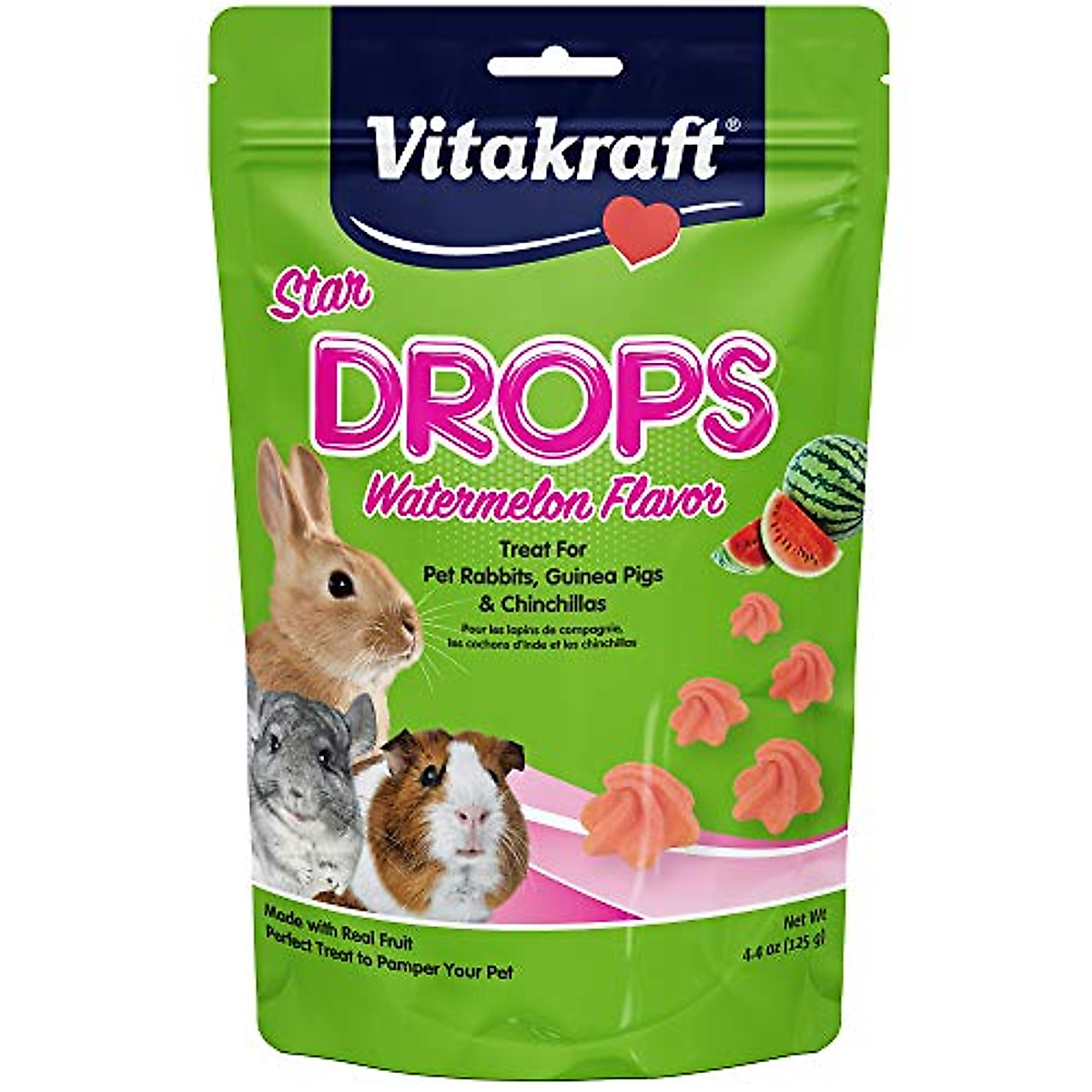 Vitakraft Star Drops Watermelon Flavor Rabbit, Guinea Pig & Chinchilla Treat, 4.4 oz, Pink