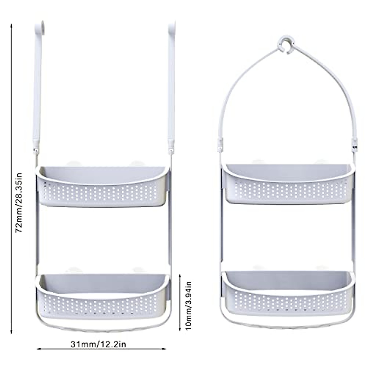 EMT ETRENDS Plastic Shower Caddy over Shower Head/Door,Hanging Shower Caddy, 2 in 1 Adjustable Shower Organizer,Rust Resistant No Drilling Anti-Swing Shelf for Bathware (4 suction cup, White)