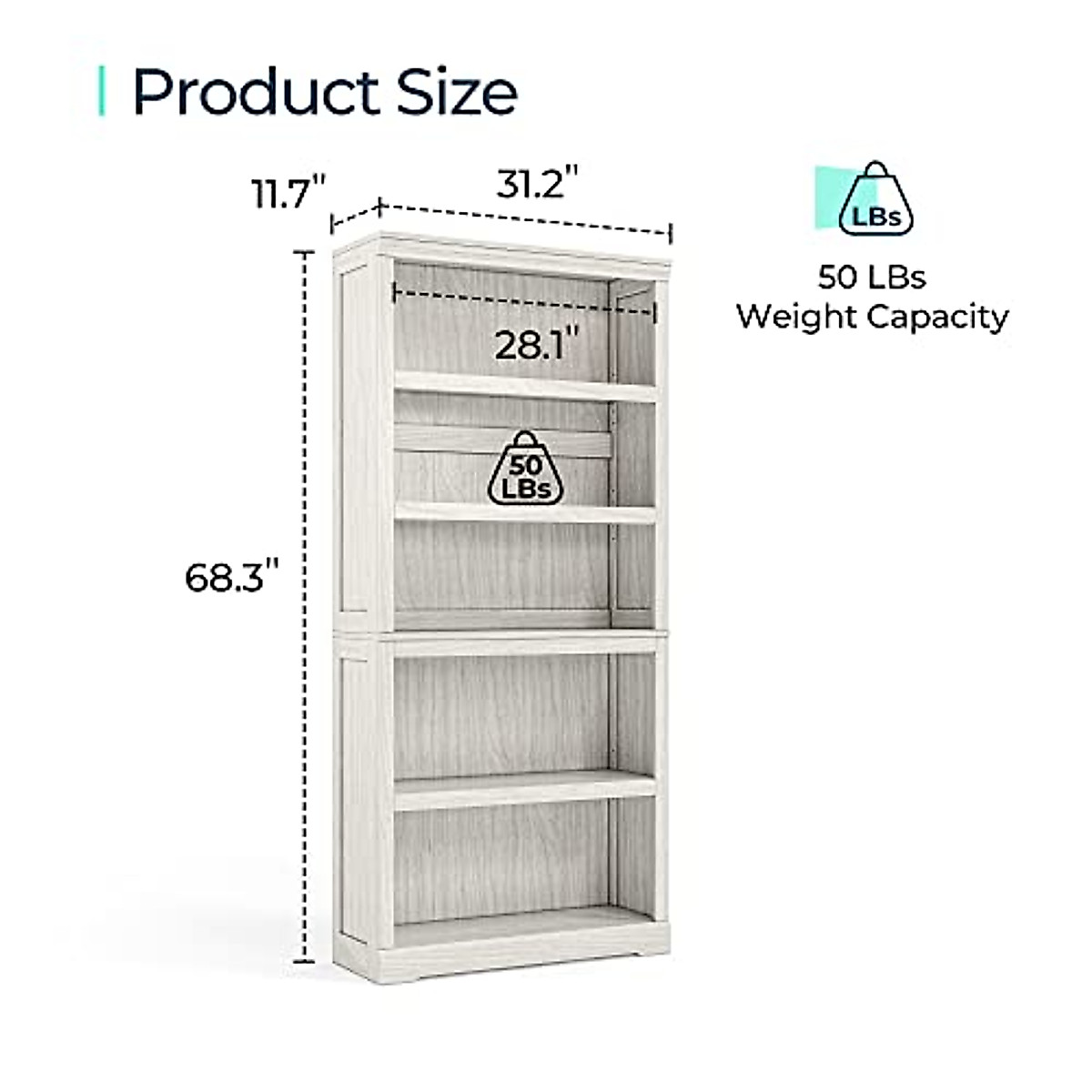 LINSY HOME 5 Shelf Bookcase, Bookshelves Floor Standing Display Storage Shelves 68 in Tall Bookcase Home Decor Furniture for Home Office, Living Room, Bed Room - White Oak