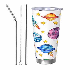 AYCZN Cartoon Space Ship 20 OZ Tumbler Stainless Steel Travel Coffee Mug, Colorful Planet Insulated Water Bottle with Lid and Straws Leakproof Thermal Cup
