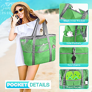 EASYFUN Beach Bag Large Mesh Beach Bag Lightweight Beach Tote with 9 Pockets Foldable Vacation Trip Essentials