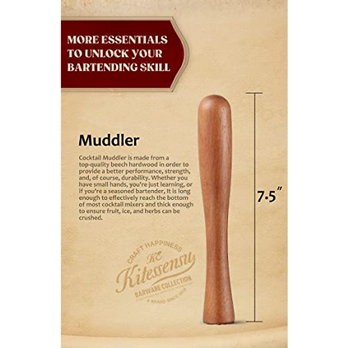 KITESSENSU Wooden Muddler, Durable Wood Ice Crusher Muddler for Cocktails, Excellent Choice for Mojitos, Caipirinhas, Fruits, Herbs, Spices Based Drinks