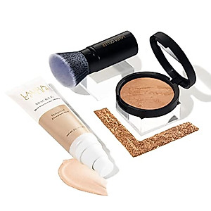 Everyday Routine Kit (3 PC) LAURA GELLER NEW YORK Baked Balance-N-Brighten Color Correcting Powder Foundation, Golden Medium, Retractable Kabuki, Spackle Champagne Glow