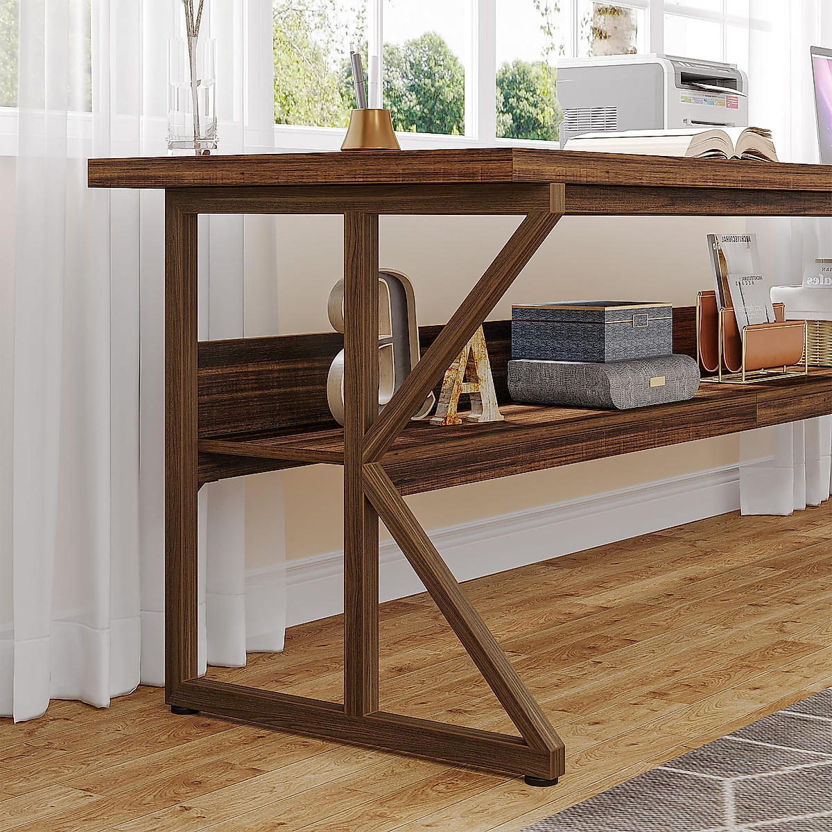 Tribesigns 79-Inch Extra Long Desk, 2 Person Desk with Storage Shelf, Large Computer Desk Double Desk Writing Table Desk for Home Office, Brown