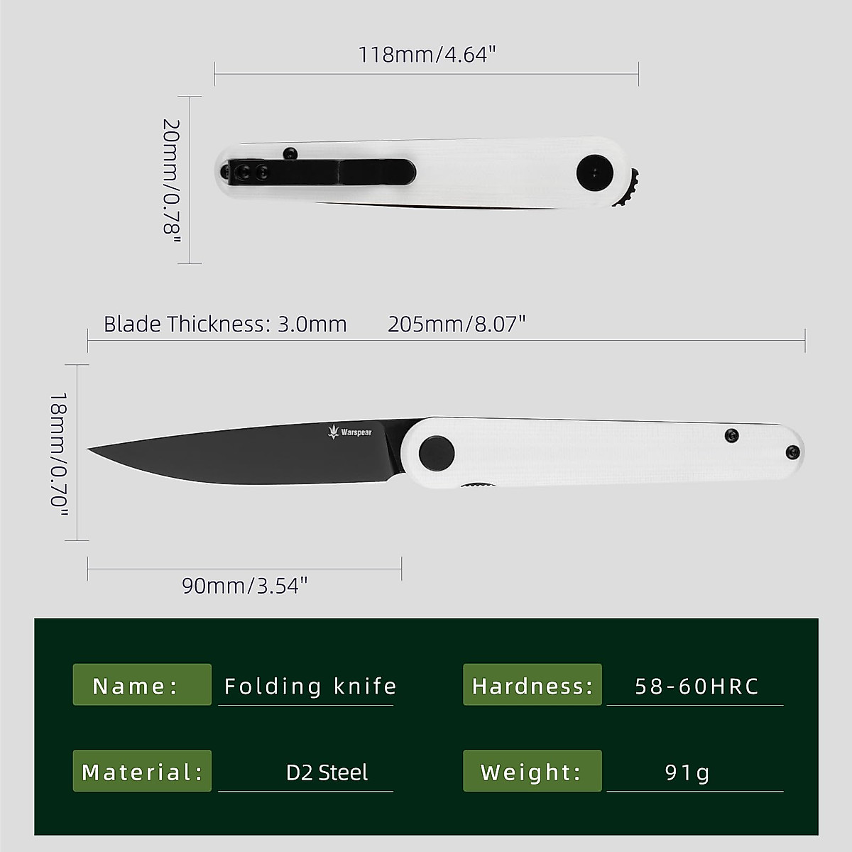 Warspear Terima Front Flipper Folding Knife 3.5" Black PVD D2 Blade White G10 Handle Camping Pocket Knife With Deep Carry Clip Outdoor EDC WP901WH