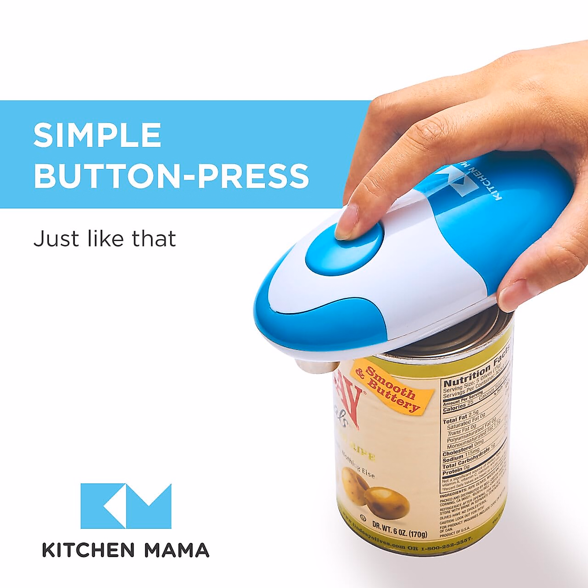 Kitchen Mama Auto Electric Can Opener: Open Your Cans with A Simple Press of Button - Automatic, Hands Free, Smooth Edge, Food-Safe, Battery Operated, YES YOU CAN (Sky Blue)