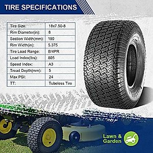 MaxAuto 18X7.50-8 18x7.5x8 Turf Saver Lawn Mower Tire 4PR, Set of 2