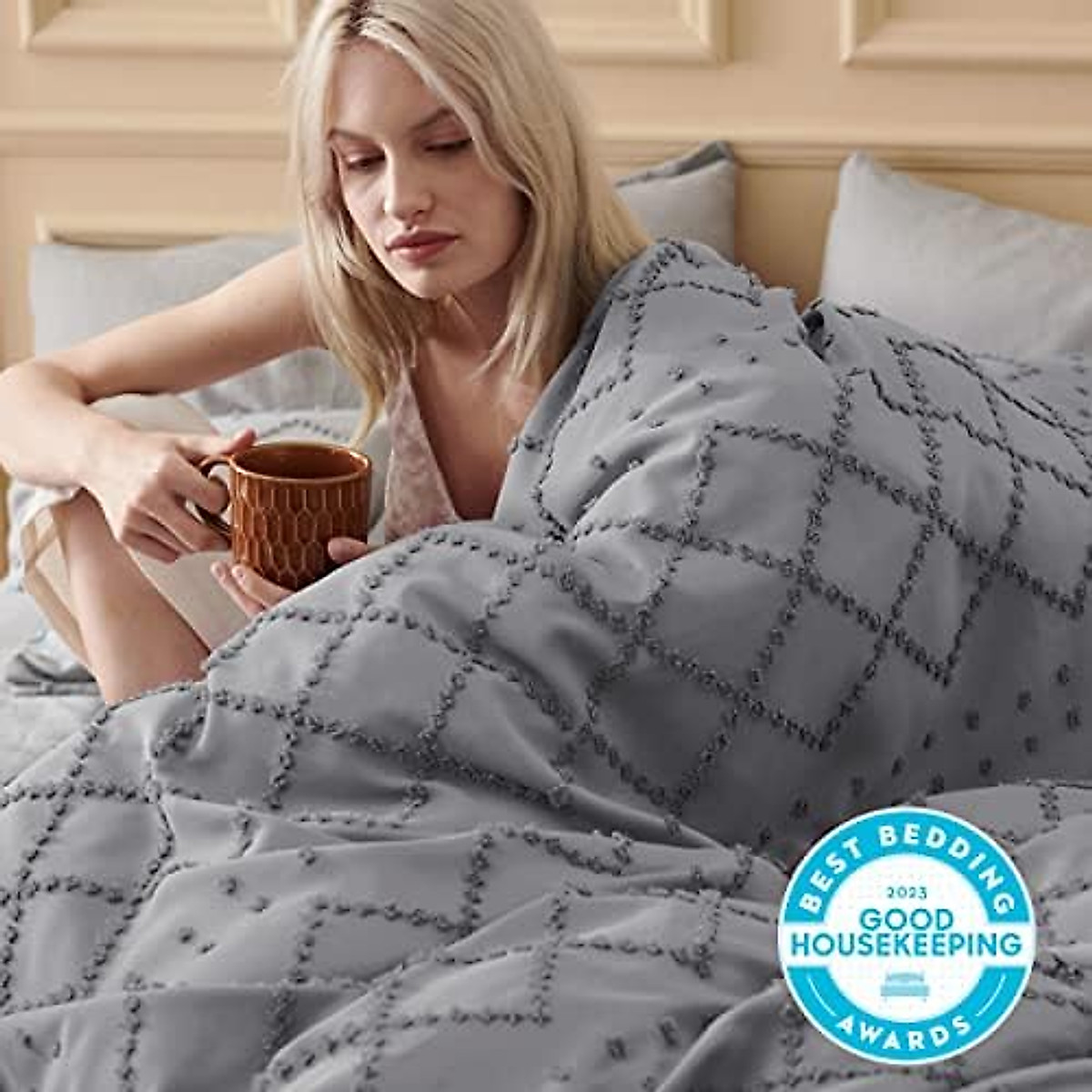 Bedsure Boho Duvet Cover Queen Size - Boho Bedding, Tufted Queen Duvet Cover for All Seasons, 3 Pieces Embroidery Shabby Chic Home Bedding,Comforter Not Included (Grey, 90" x 90")