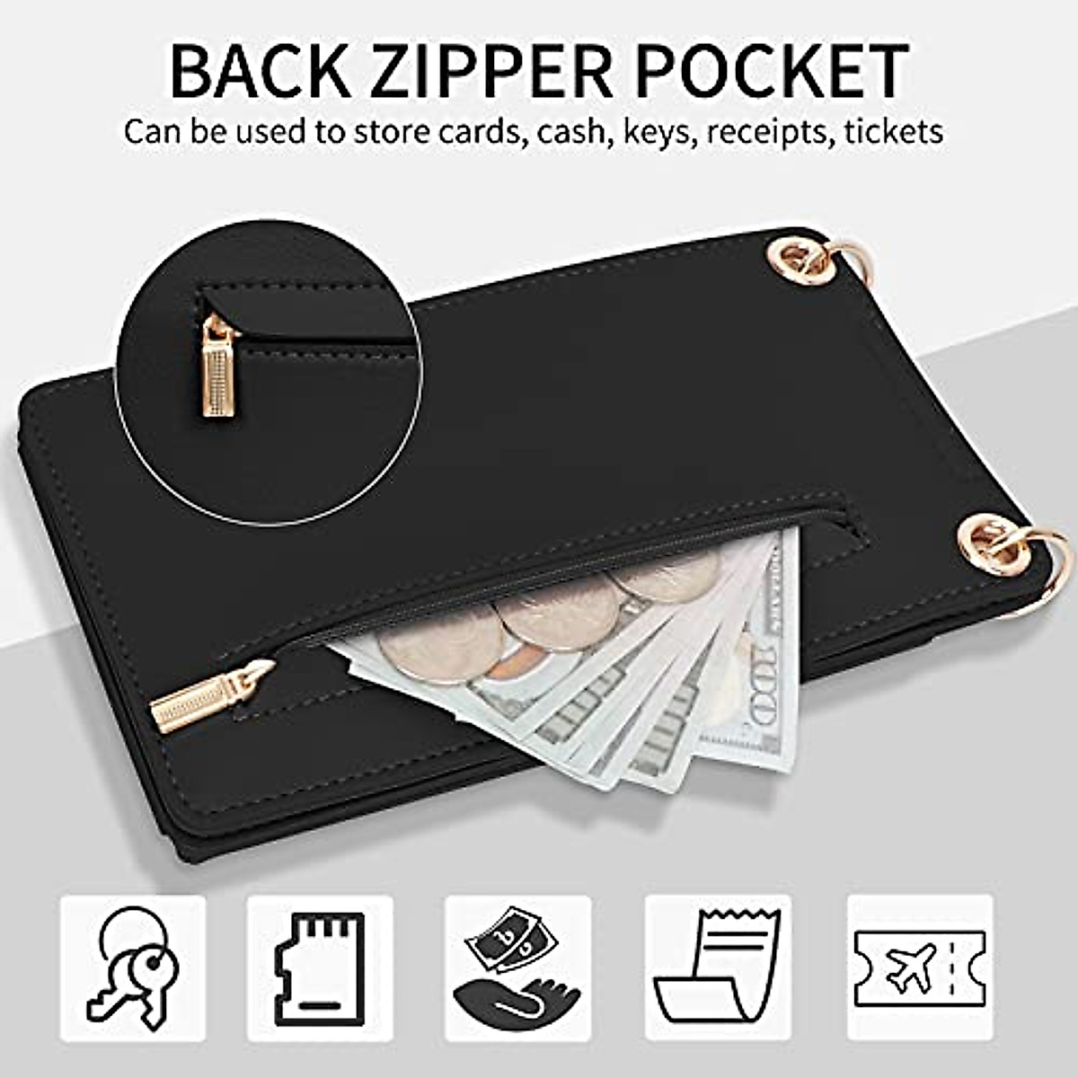 FYY Small Leather Phone Purse Crossbody for Women - Black Cell Phone Purse Wallet with Card Slots and Zipper Pocket for iPhone 14 13 12 11 XS Max Galaxy S23
